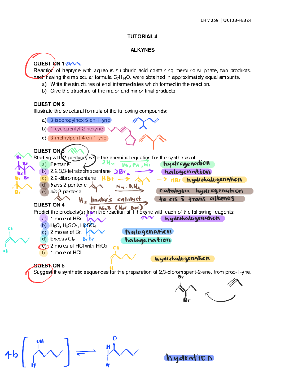 CHM258 Tutorial 4: Alkynes Reactions and Synthesis Questions - Studocu