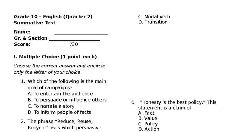 Grade 10 English (Q2) Summative Test C: Modal Verbs & Transitions - Studocu
