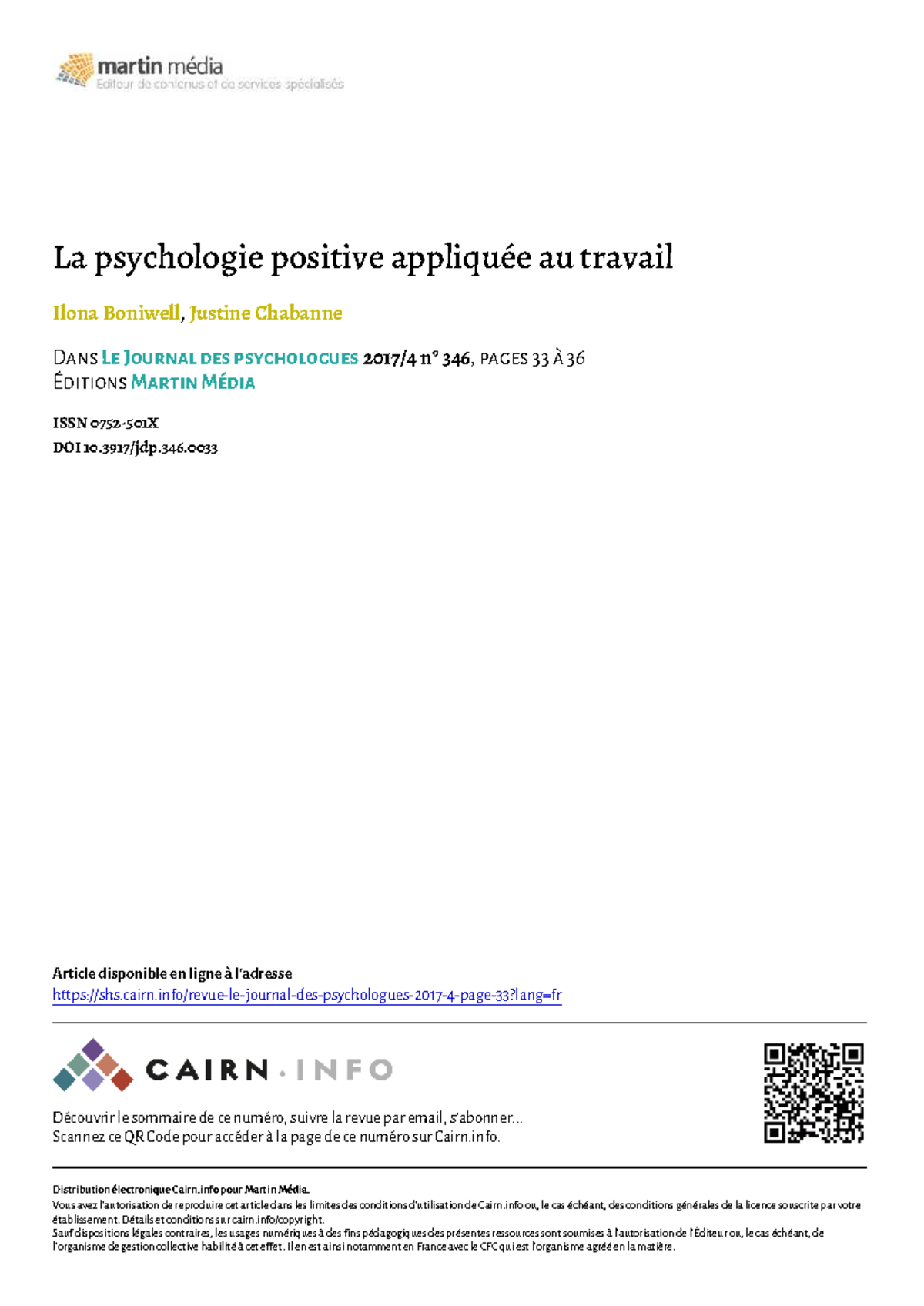Boniwell 2017 : La Psychologie Positive Appliquée au Travail - Studocu