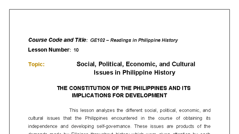 GE102 Lesson 10: Social, Political, and Economic Issues in PH History ...