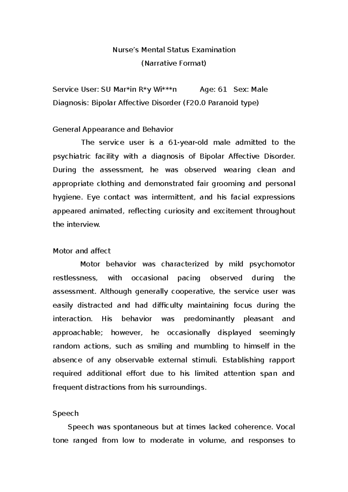 MSE Narrative Assessment - Bipolar Disorder (Kaka) - Studocu