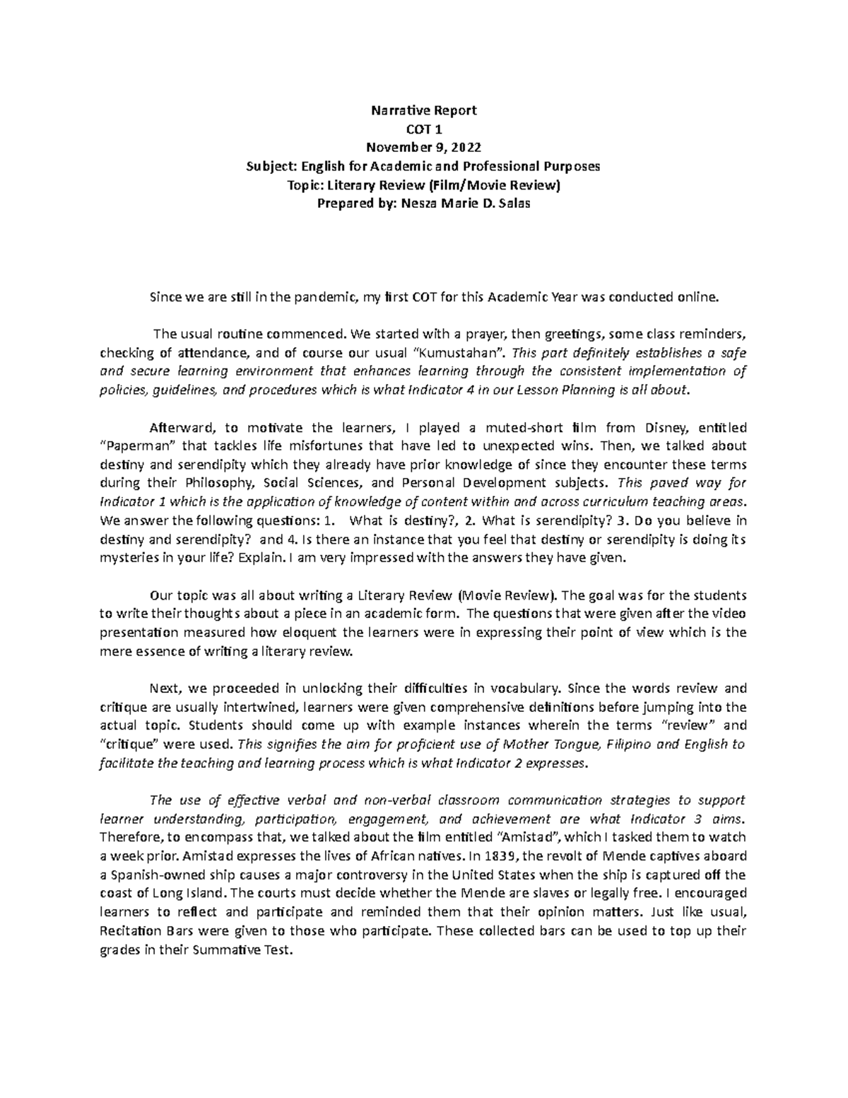 COT-1-Narrative: Literary Review and Film Reflection Insights - Studocu