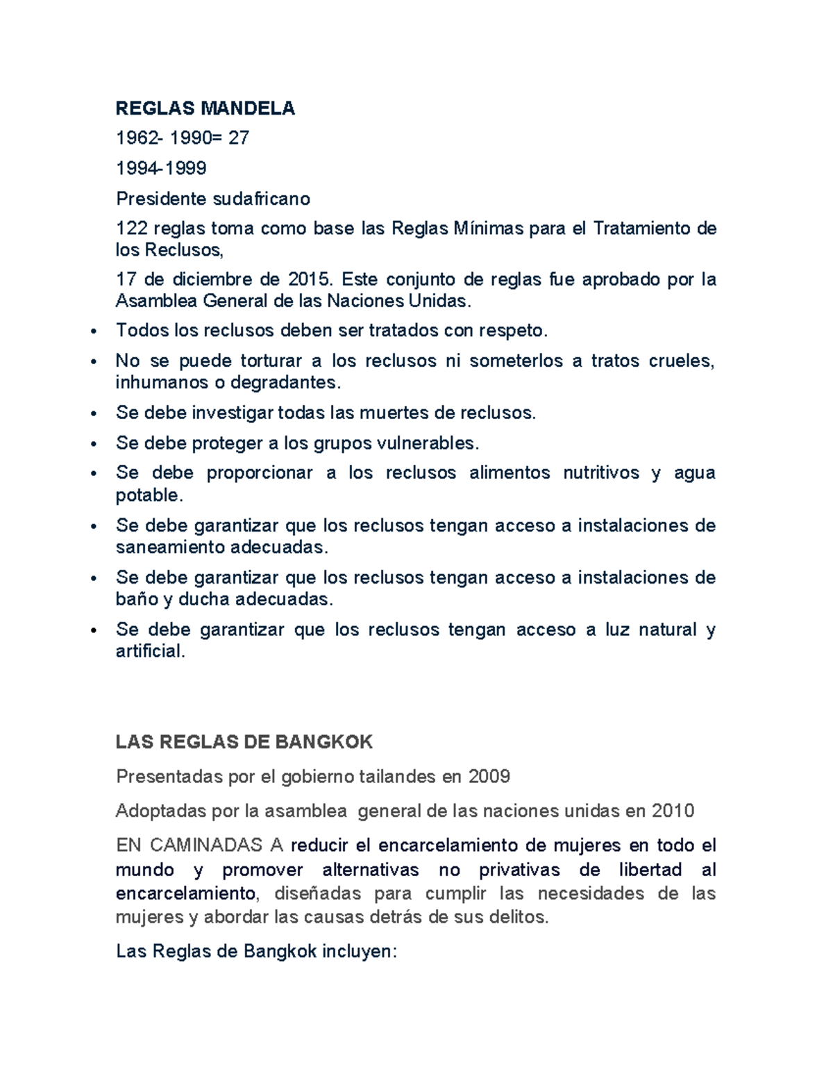 Pauta 2 - resumen - REGLAS MANDELA 1962- 1990= 27 1994- Presidente sudafricano 122 reglas toma ...