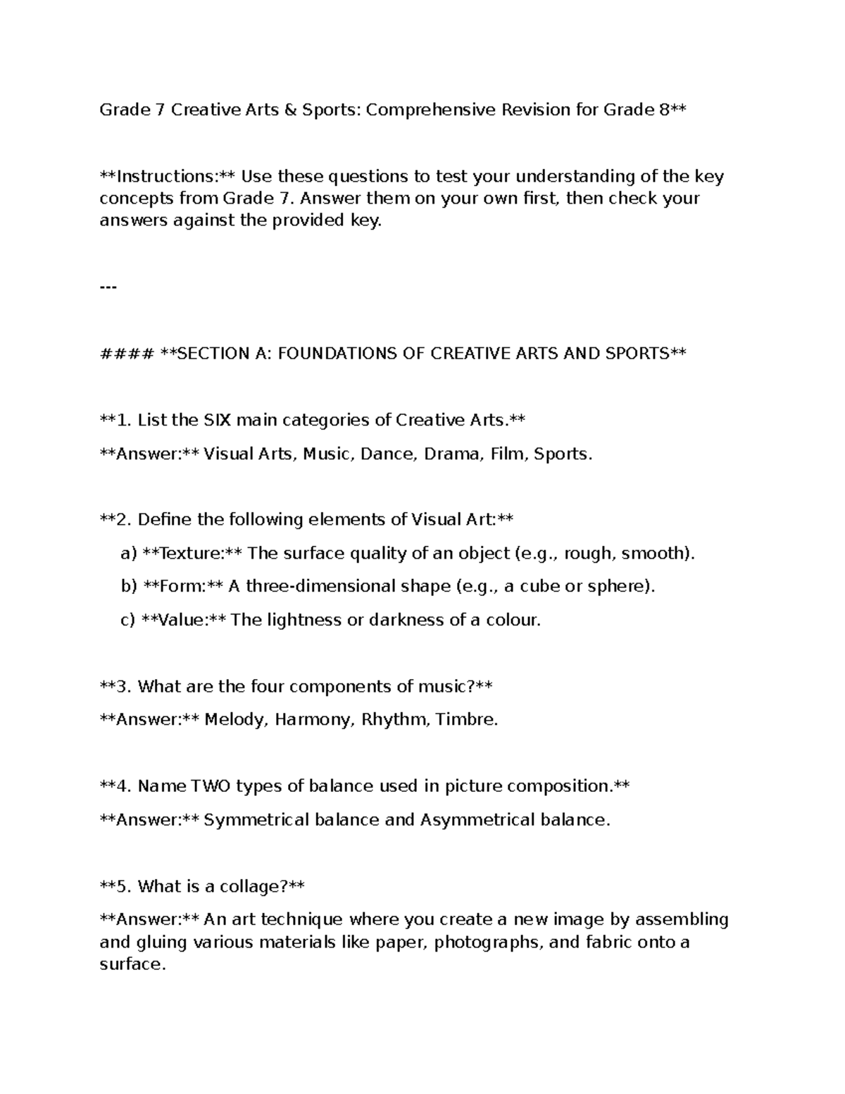 Grade 7 Creative Arts Sports: Revision Questions and Key Concepts - Studocu
