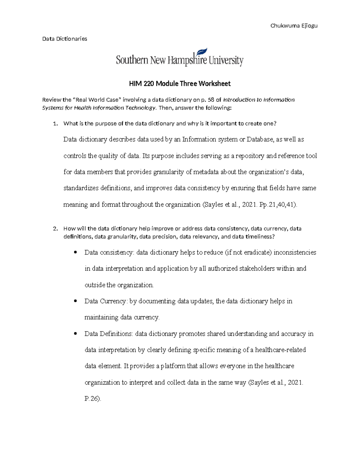 HIM 220 Module 3 Worksheet: The Importance of Data Dictionaries - Studocu