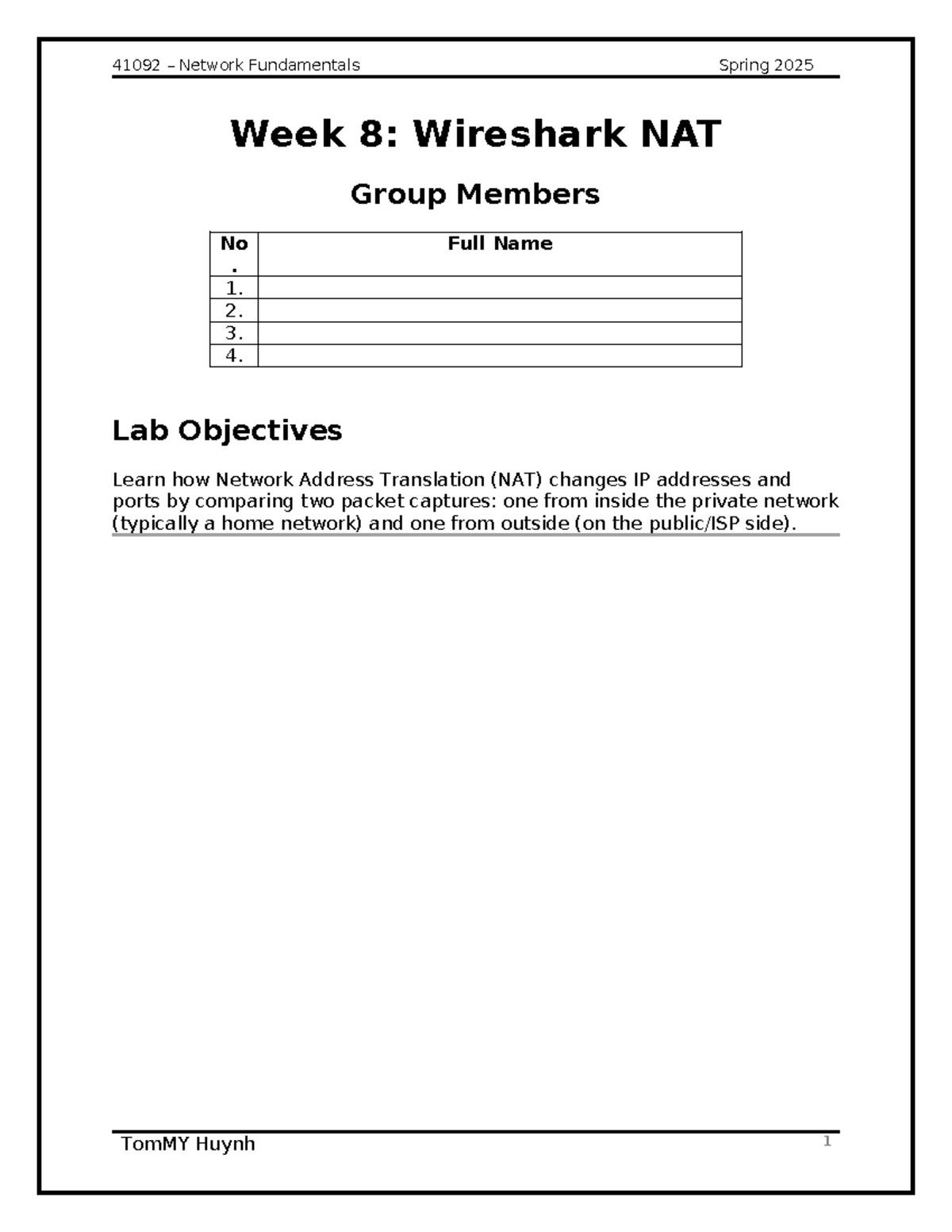 41092 Network Fundamentals Spring 2025 Week 8 Lab: Wireshark NAT ...
