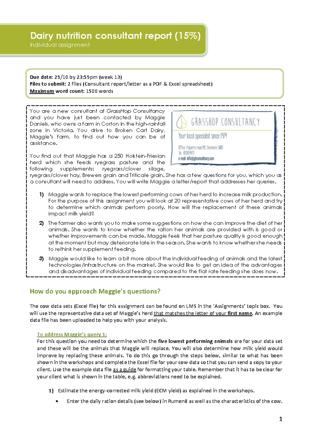 Dairy Nutrition Consultant Report Guidelines: INDIVIDUAL ASSIGNMENT ...