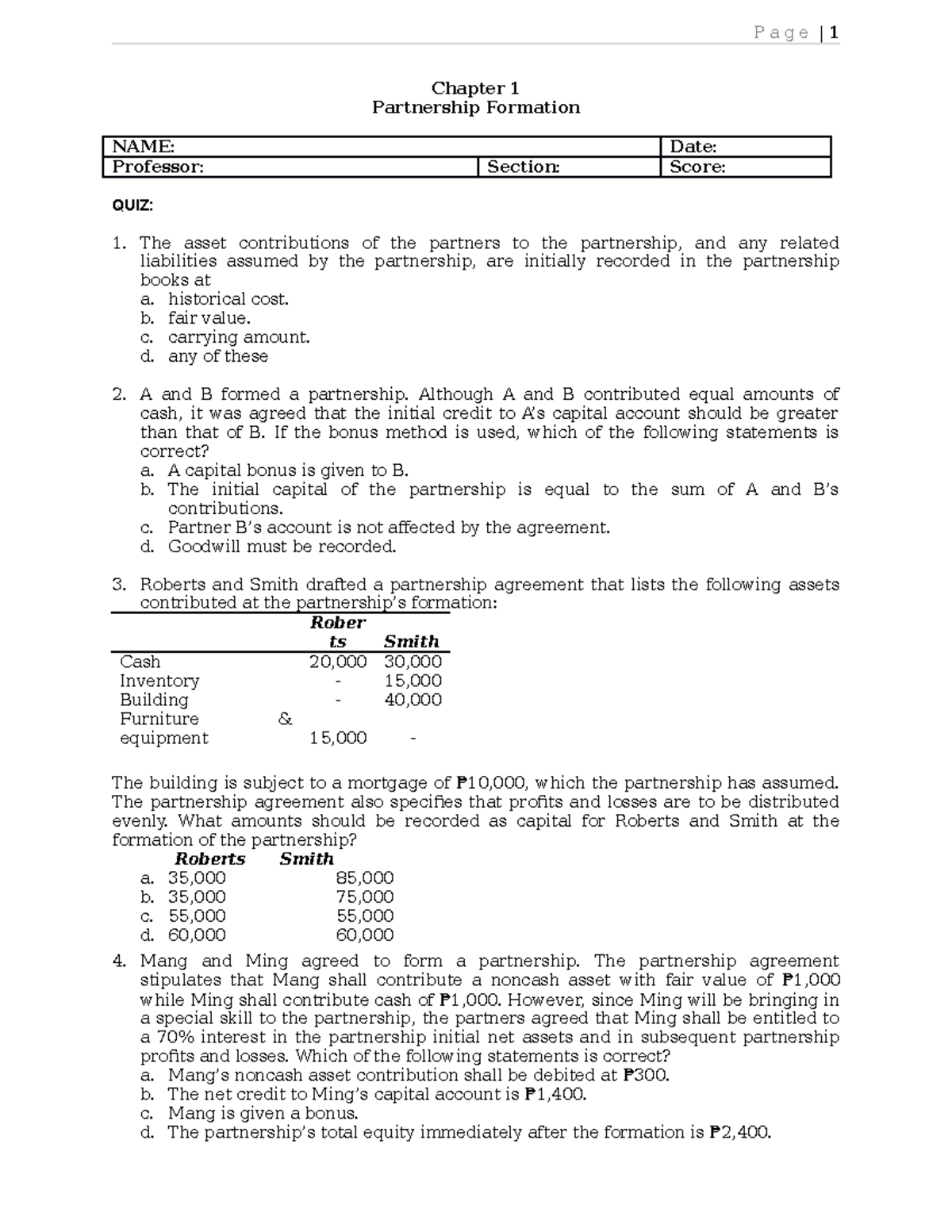 QUIZ: Chapter 1 - Partnership Formation Concepts (2021 Edition) - Studocu