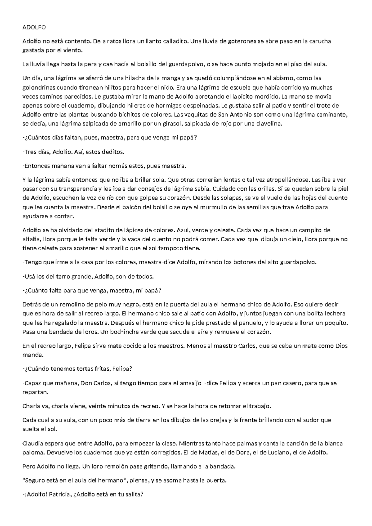 Adolfo: Un Cuento de Escuela y Emociones - Lengua - Studocu