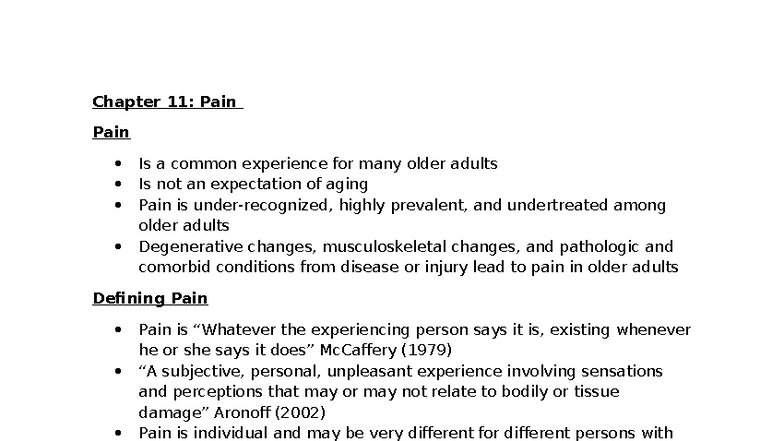 Geri 101: Chapter 11 - Understanding Pain in Older Adults - Studocu