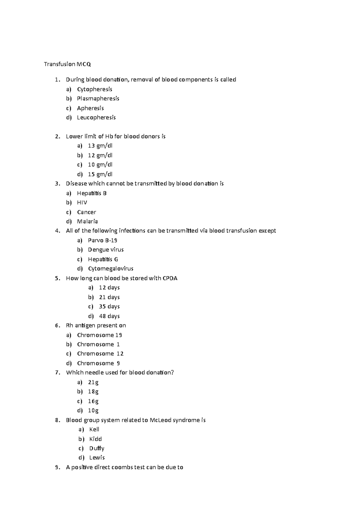 Transfusion MCQ - Pathology Assessment Questions (Patho 101) - Studocu