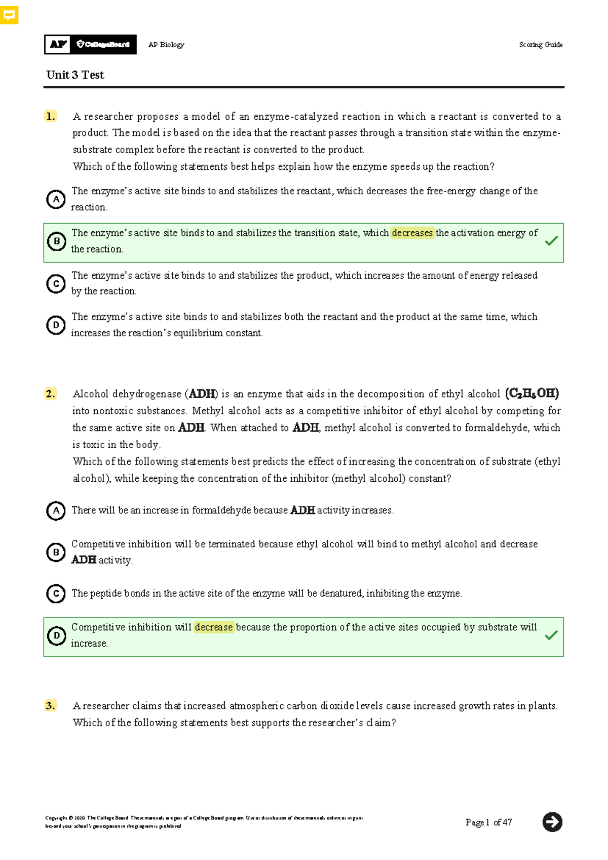 AP BIO MCQ Unit 3 Test Scoring Guide and Analysis - Studocu
