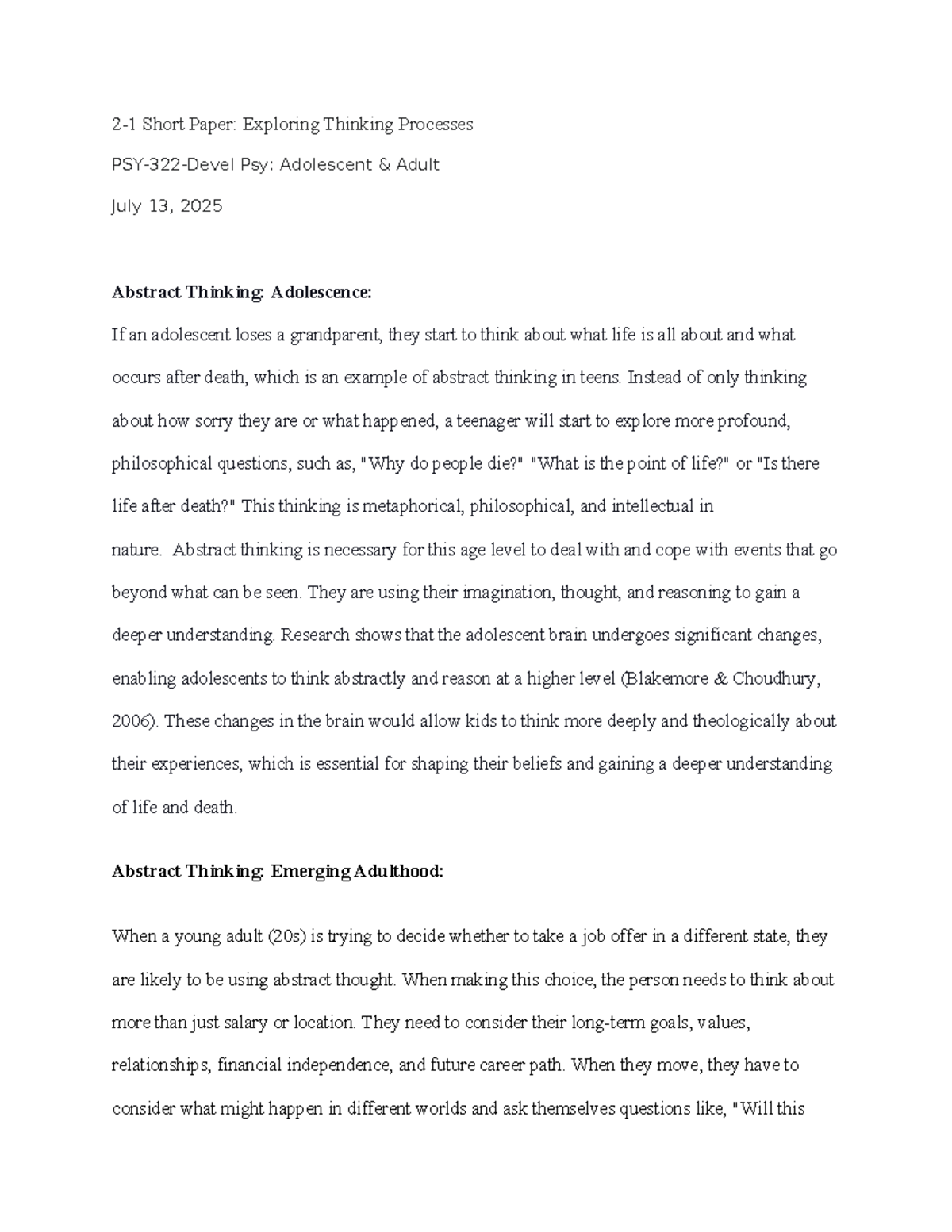 2-PSY-322 Module Two Short Paper: Development of Abstract Thinking ...