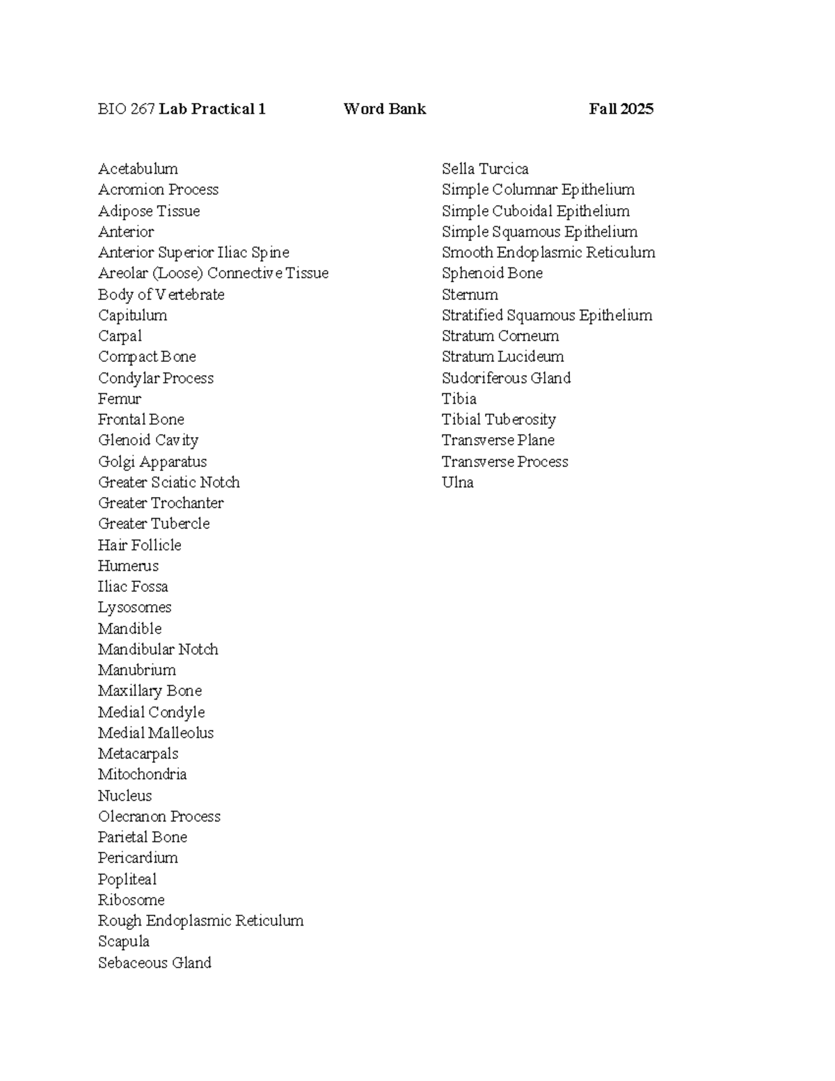 BIO 267 Fall 2025 Lab Practical 1: Key Terms & Word Bank - Studocu