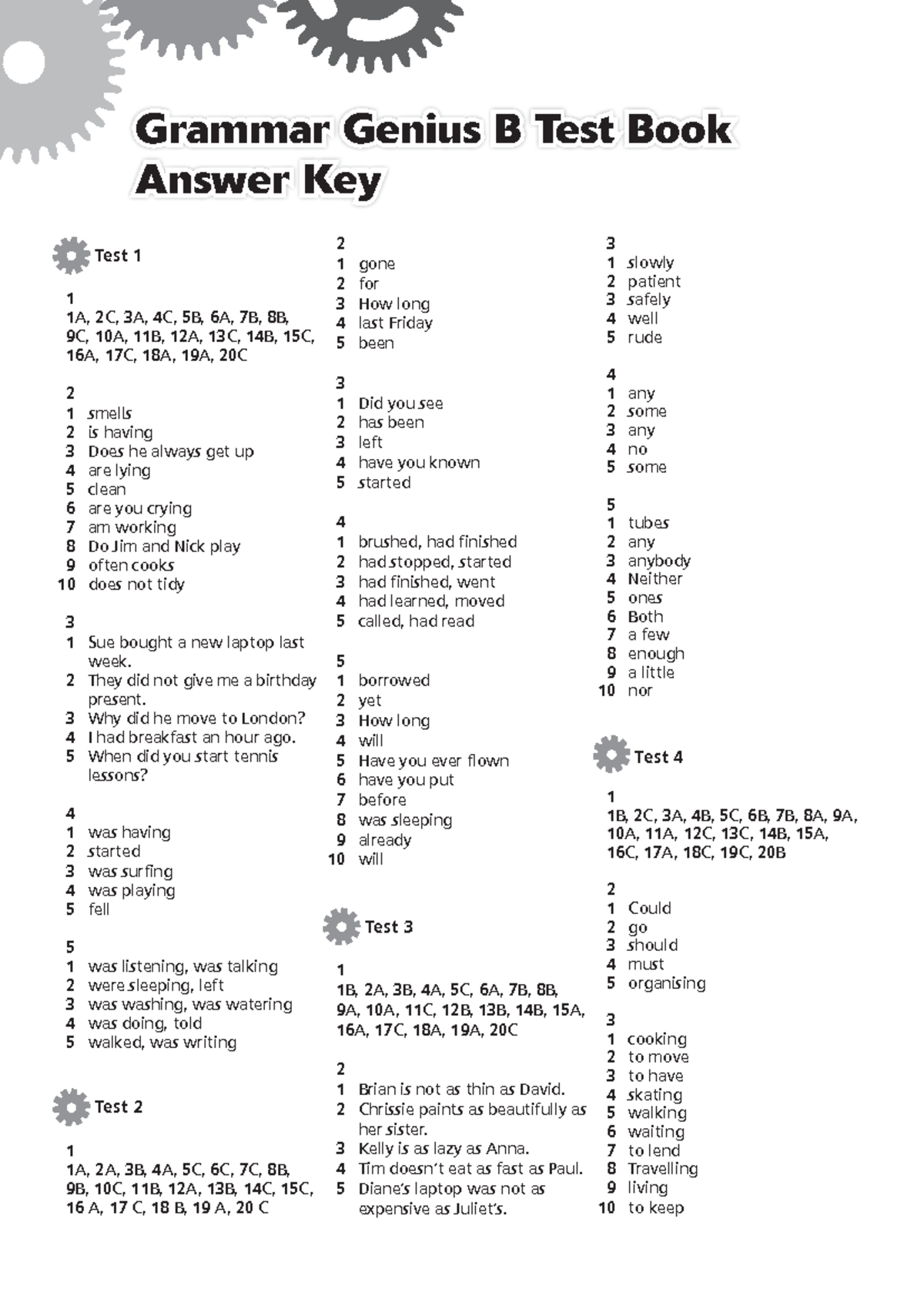 Grammar Genius B Test Key with Answers for Tests 1-4 - Studocu