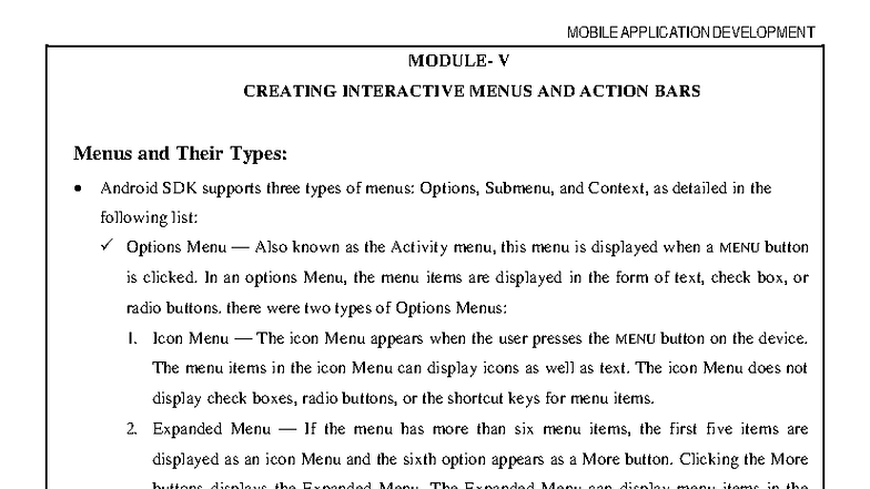 MOBILE APPLICATION DEVELOPMENT V: INTERACTIVE MENUS & ACTION BARS - Studocu