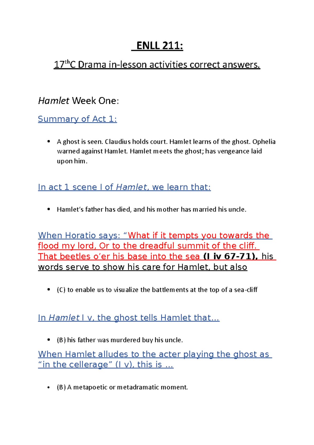 ENLL 211 Lecture Notes: Hamlet & King Lear Summaries - Studocu