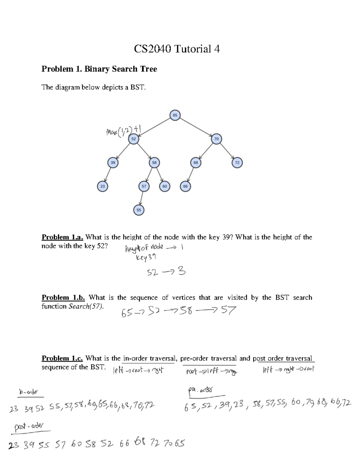 Tut 4 Questions - CS2040 Tutorial 4 Problem 1. Binary Search Tree The diagram below depicts a ...