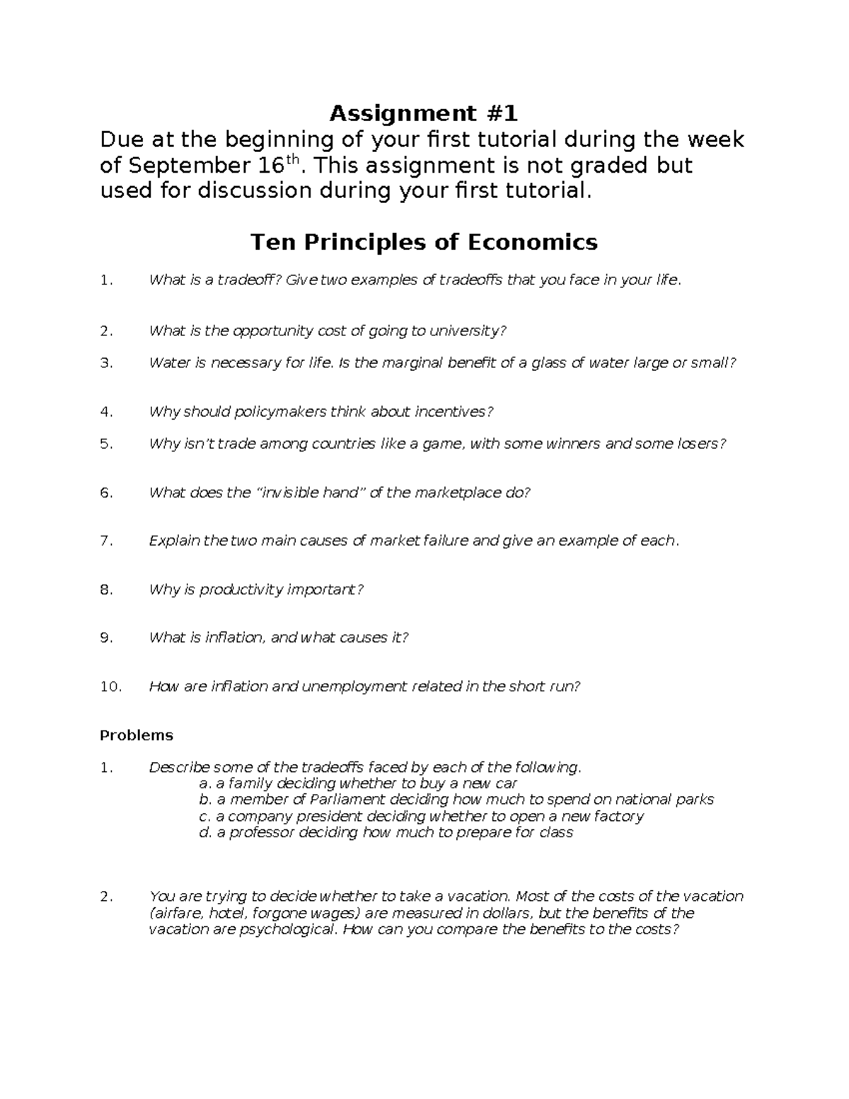 Assignment#1 - assignment for econ - Assignment Due at the beginning of ...