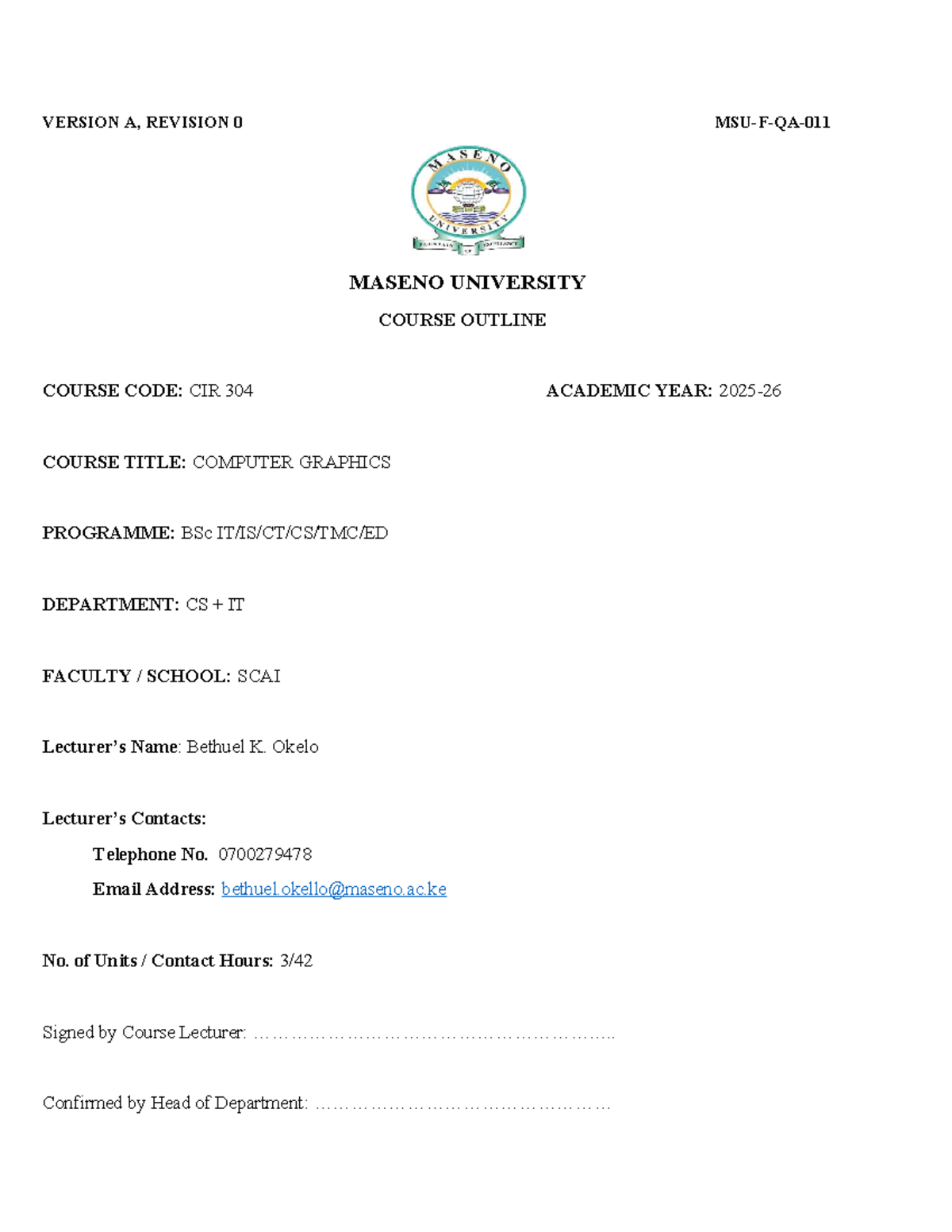 CIR 304 Computer Graphics Course Outline - Academic Year Overview - Studocu