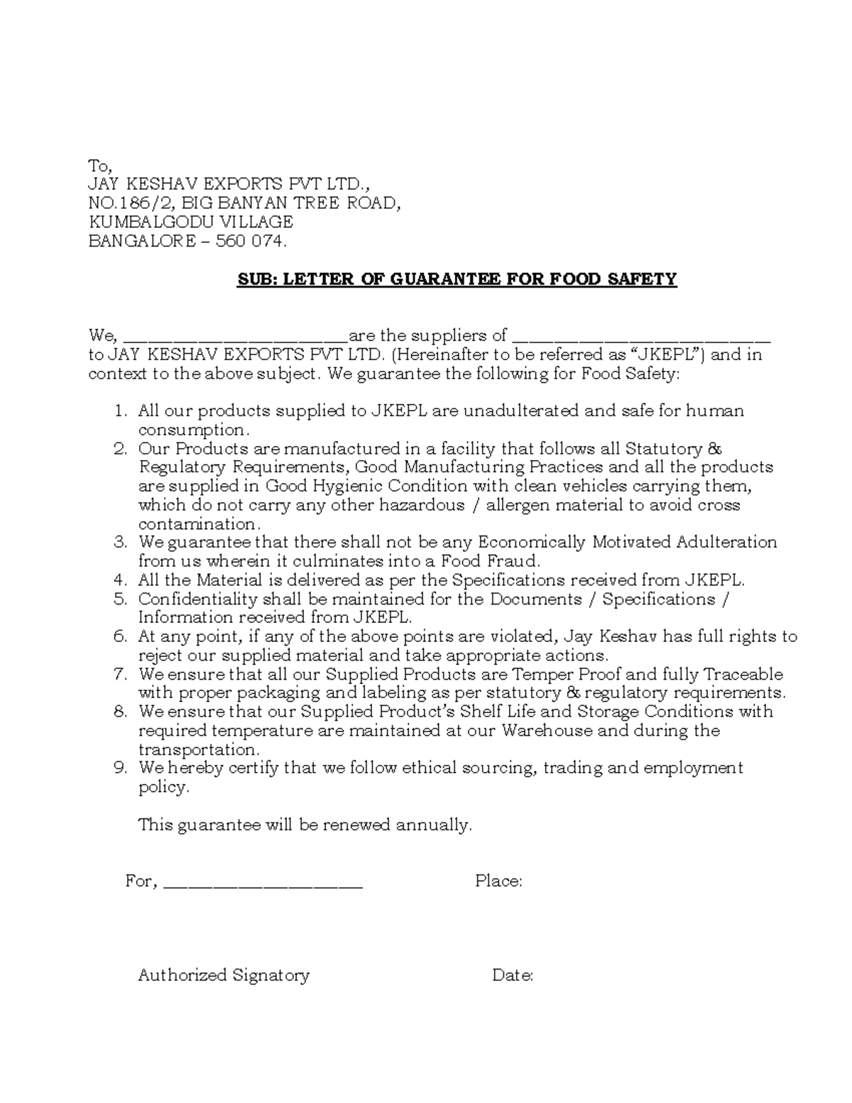 Supplier Guarantee Letter for Food Safety to JKEPL - Studocu
