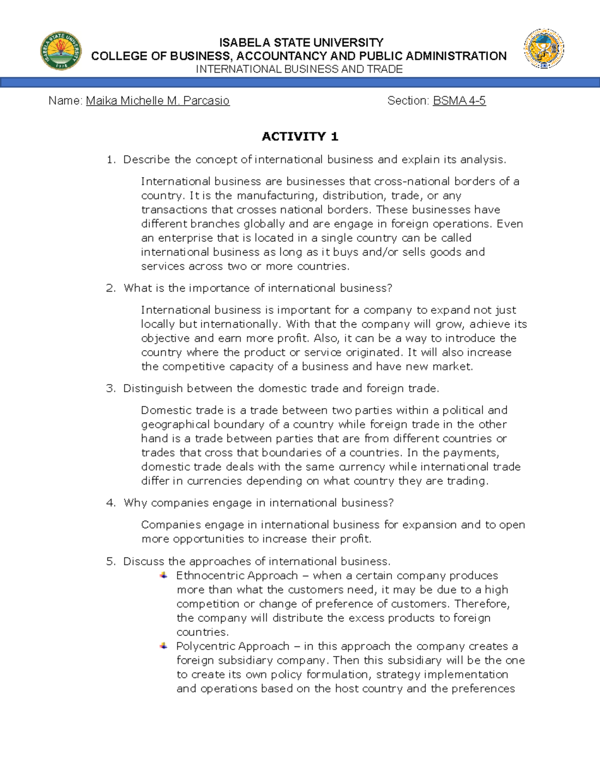 Activity 1: Concepts of Int'l Trade & Business (IB 101) - Studocu