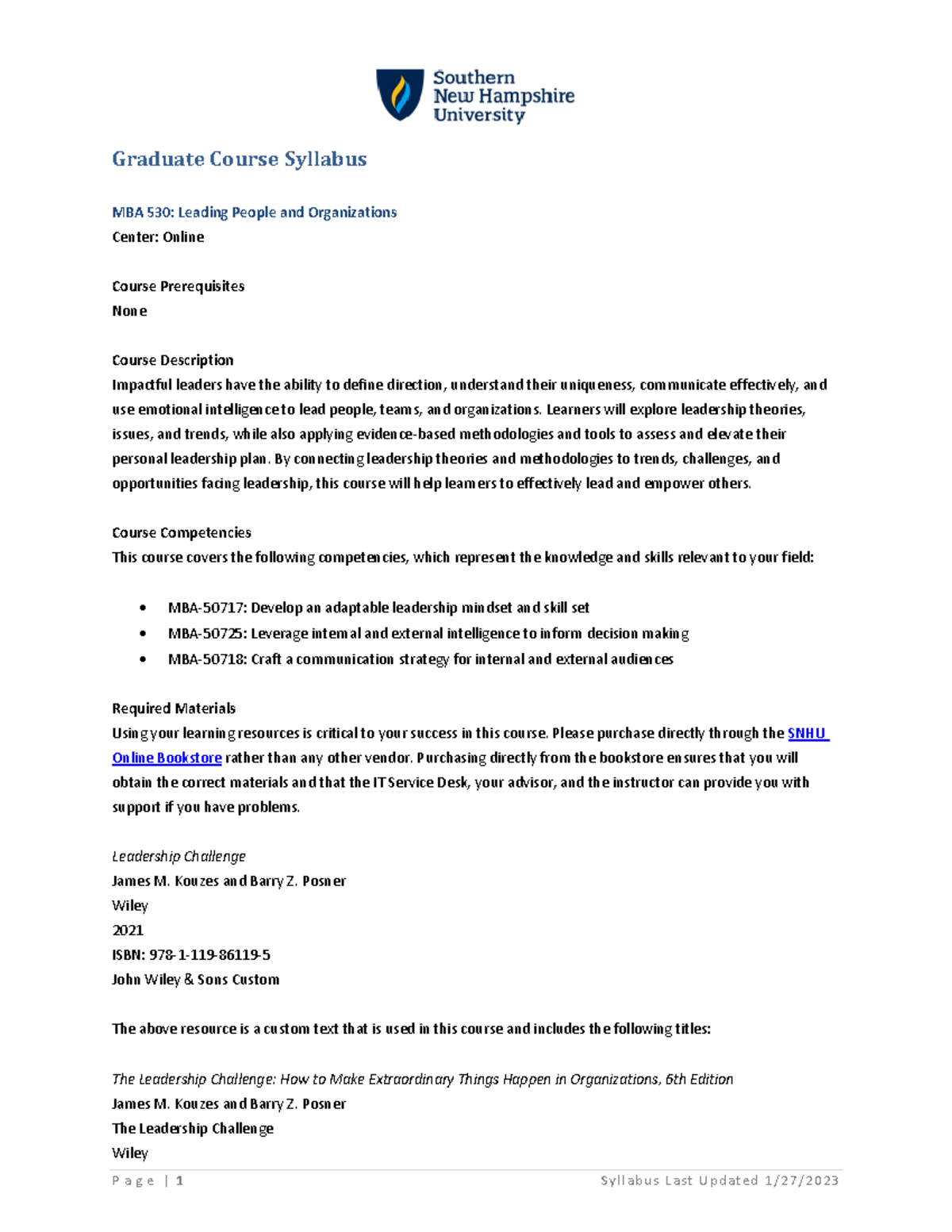 MBA 530 Course Syllabus: Leading People and Organizations Overview - Studocu