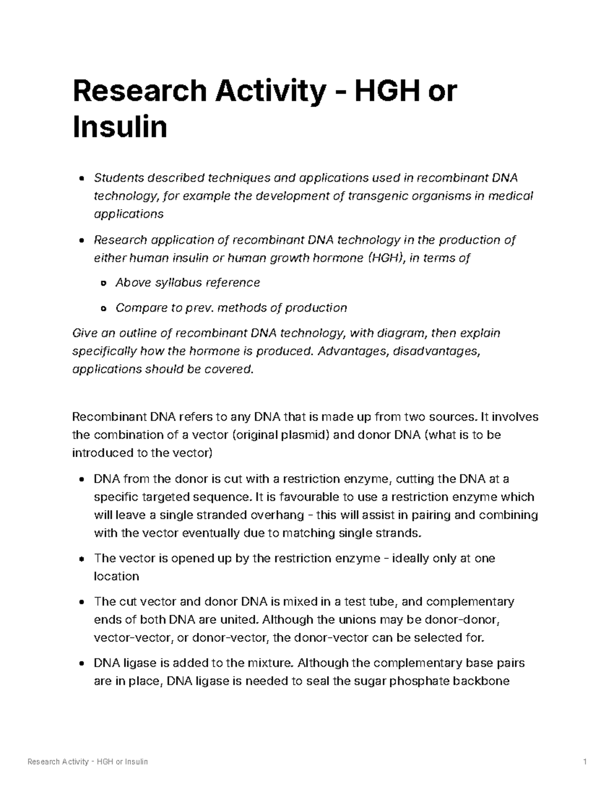 Application of Recombinant DNA Technology - HGH/Insulin production ...