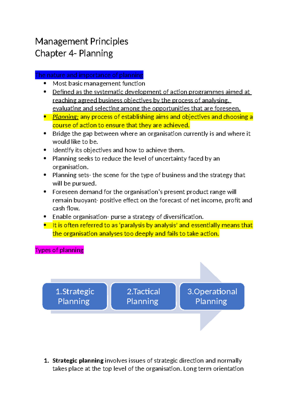 Management Principles - Chapter 4 - Management Principles Chapter 4- Planning The nature and ...