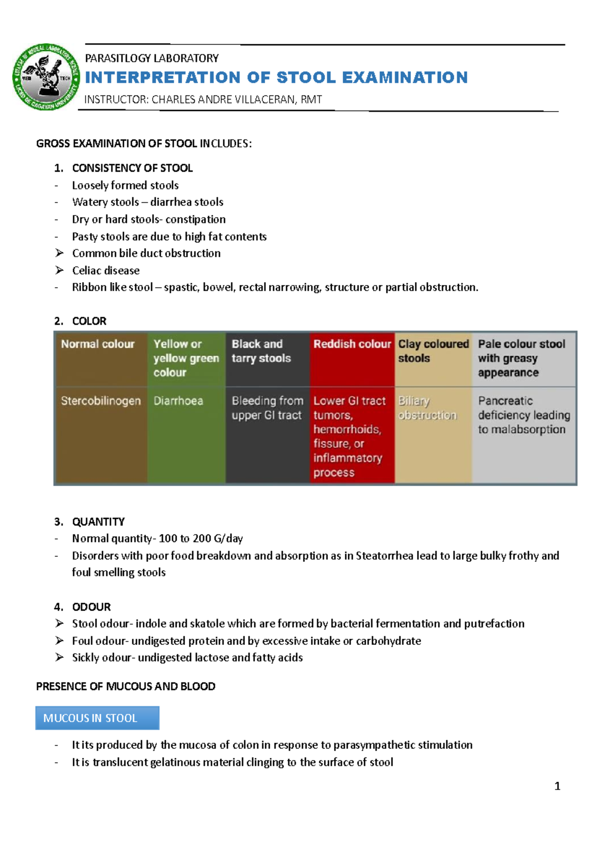 PARASITOLOGY LAB: INTERPRETATION OF STOOL EXAMINATION - Studocu