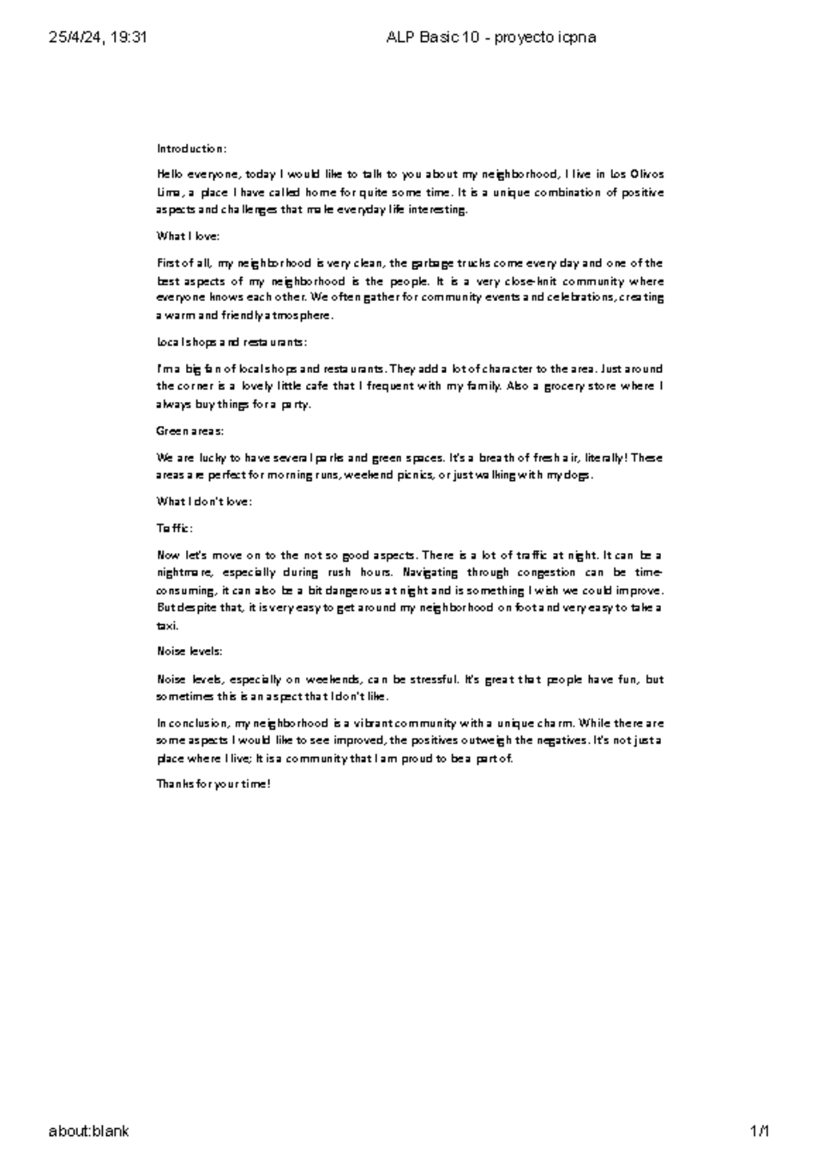 ALP Basic 10 - Neighborhood Life: Pros and Cons in Los Olivos - Studocu