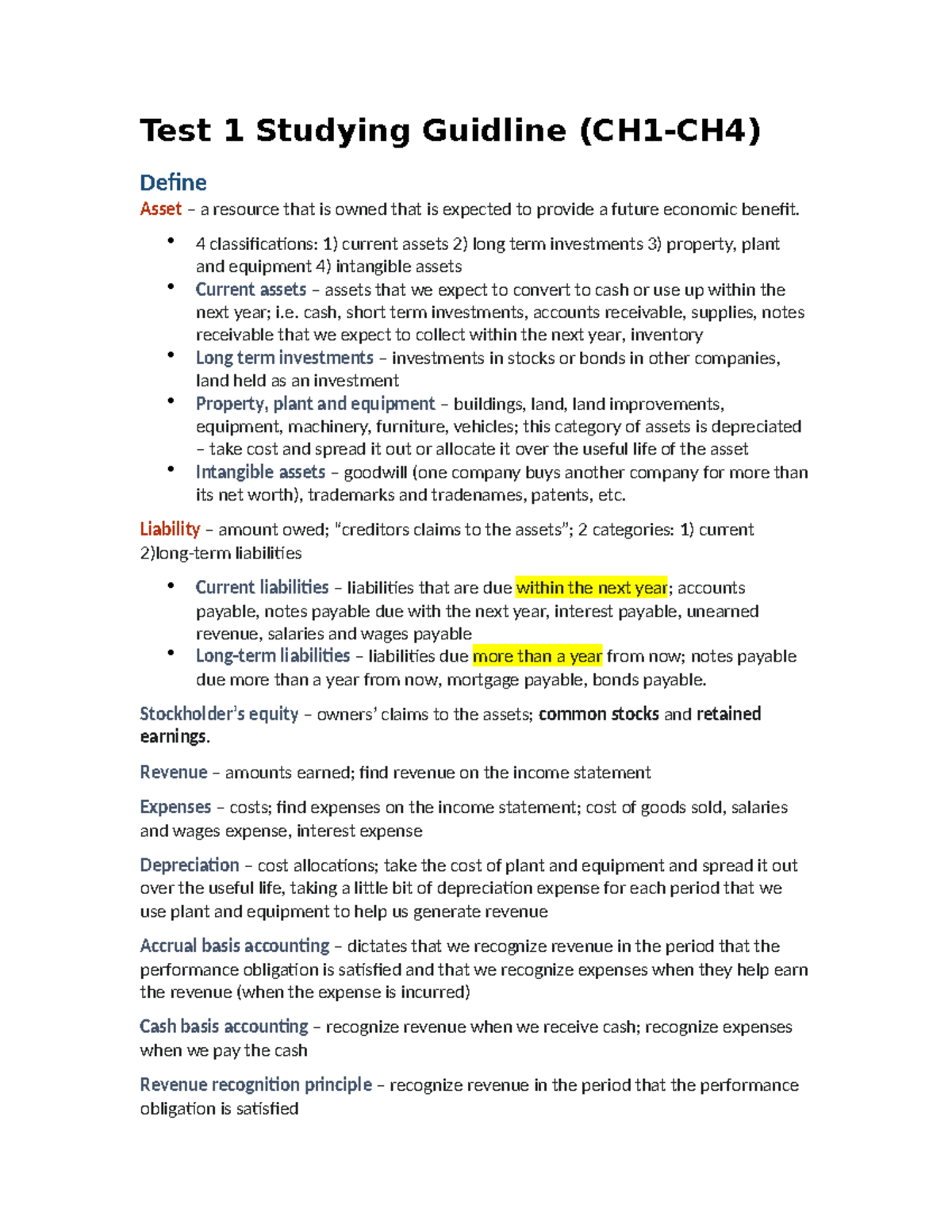 Test 1 Study Guide: Key Concepts from CH1 to CH4 for Exam Preparation ...