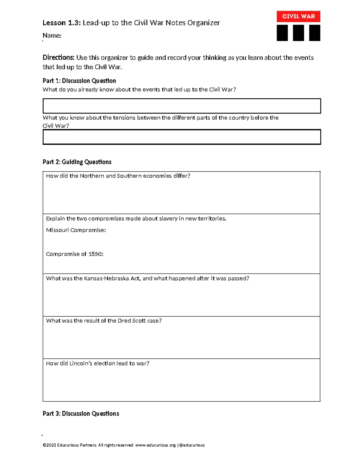 Lesson 1.3: Events Leading to the Civil War Notes Organizer - Studocu