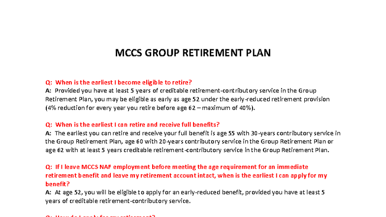 MCCS Group Retirement Plan Q&A: Eligibility, Benefits & Refunds - Studocu