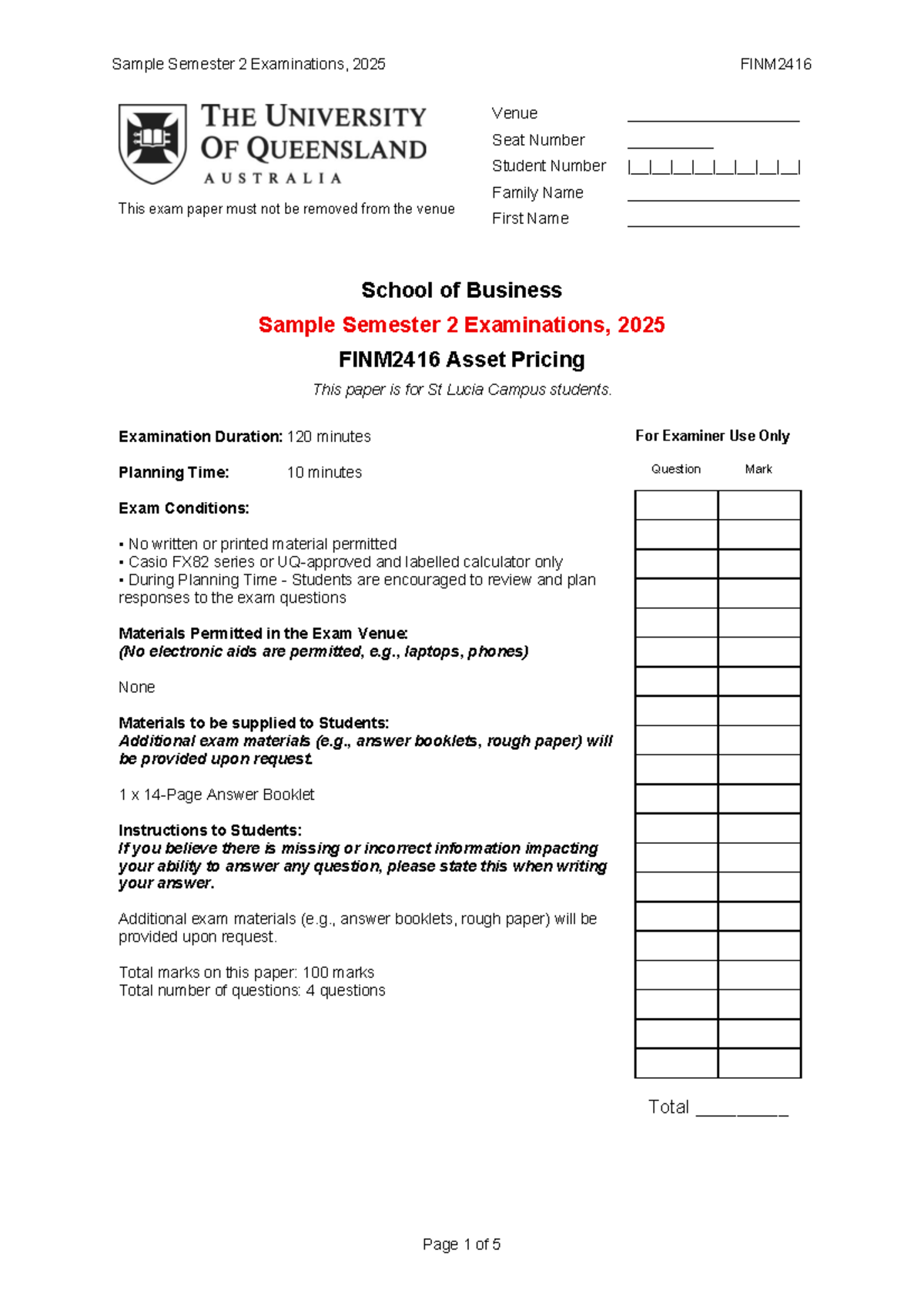 Sample FINM2416 Final Exam Paper - Asset Pricing S2 2025 - Studocu