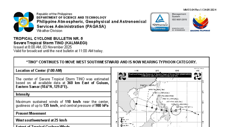 Tropical Cyclone Bulletin No. 5: Severe Tropical Storm TINO (KALMAEGI ...