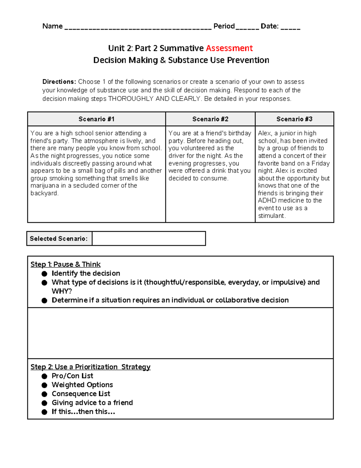Unit 2 Summative Assessment: Decision Making & Substance Use Prevention ...