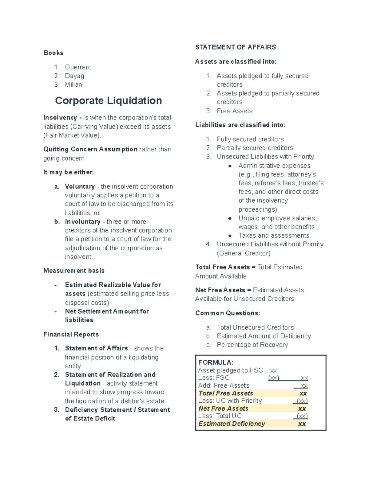 AFAR Notes: Corporate Liquidation & Insolvency Overview - Studocu