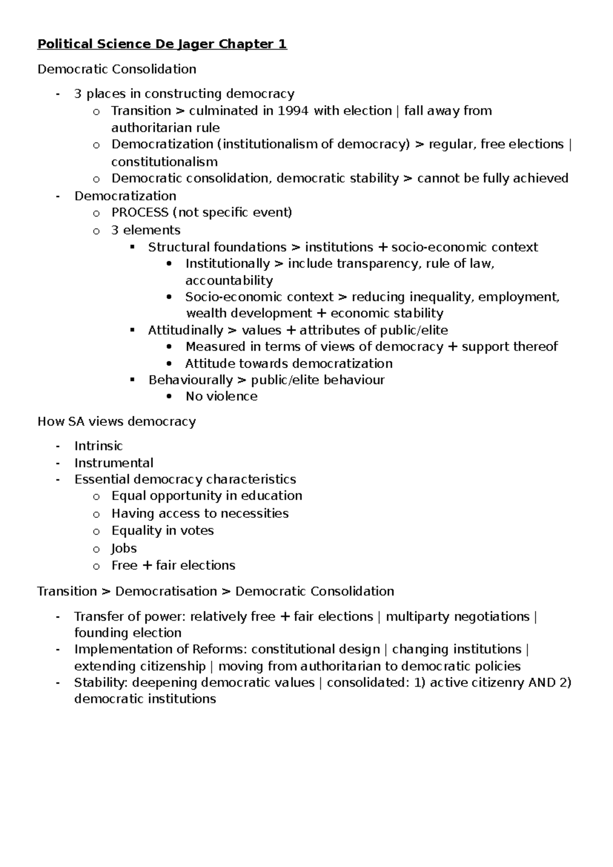 De Jager PS 101 Lecture Notes: Chapter 1 on Democratic Consolidation ...