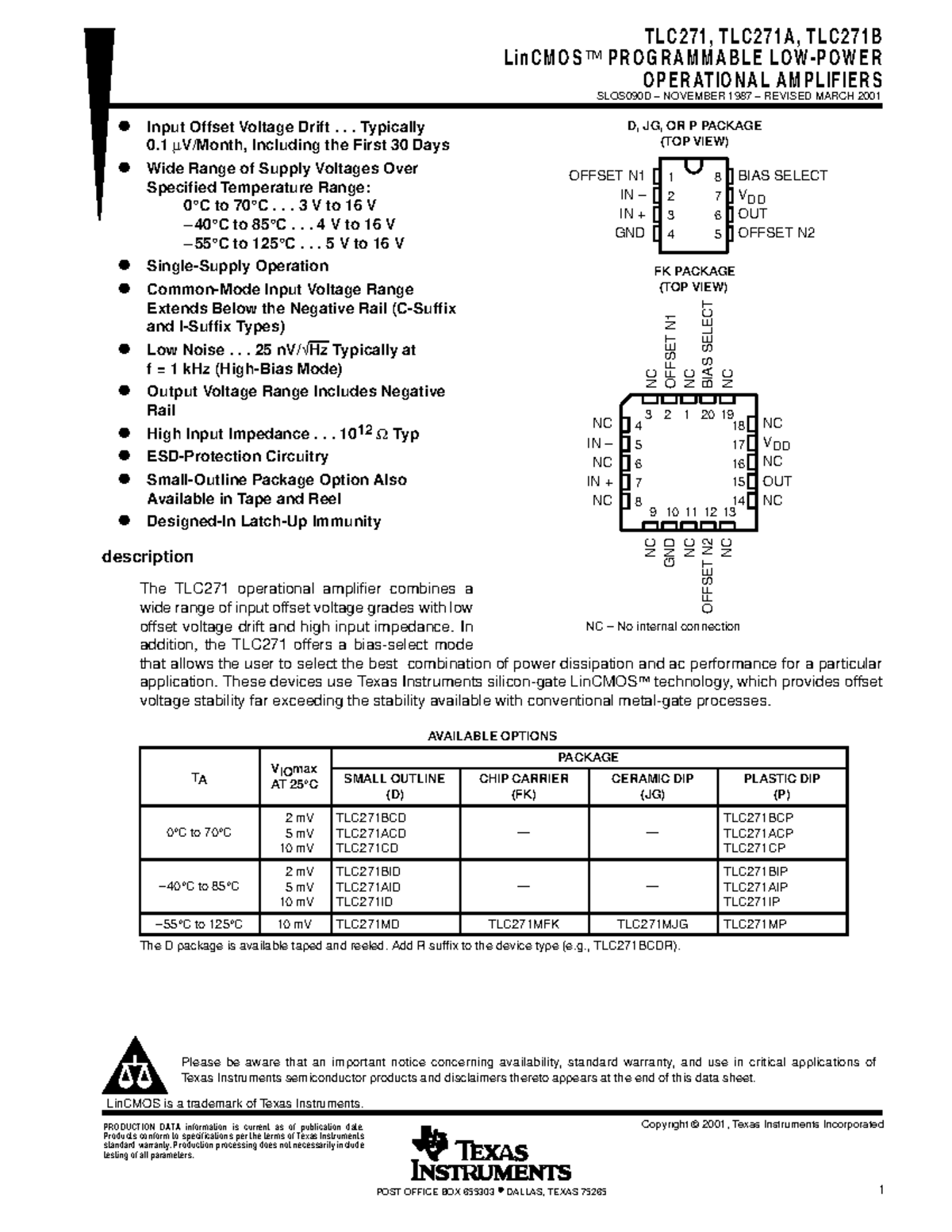 TLC271, TLC271A, TLC271B Programmable Op Amps Overview and Specs - Studocu
