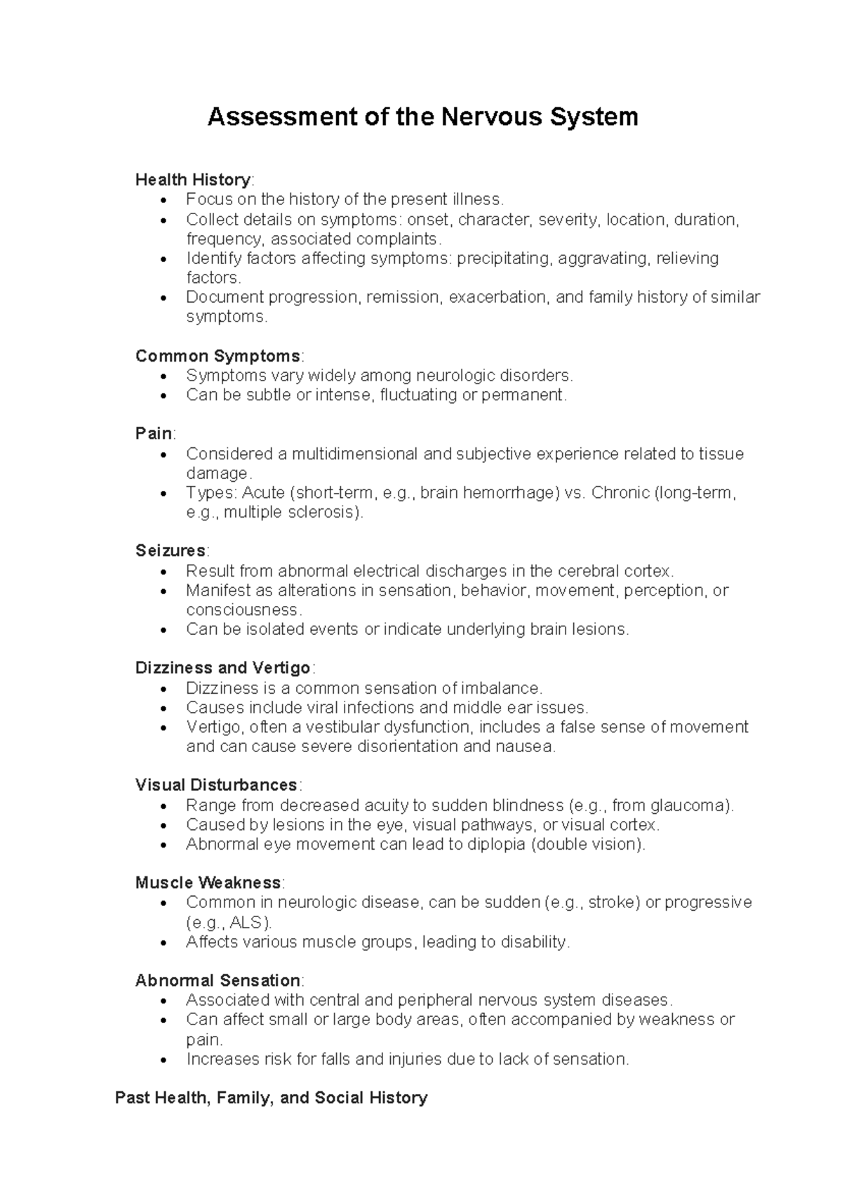 Assessment of the Nervous System - Collect details on symptoms: onset ...