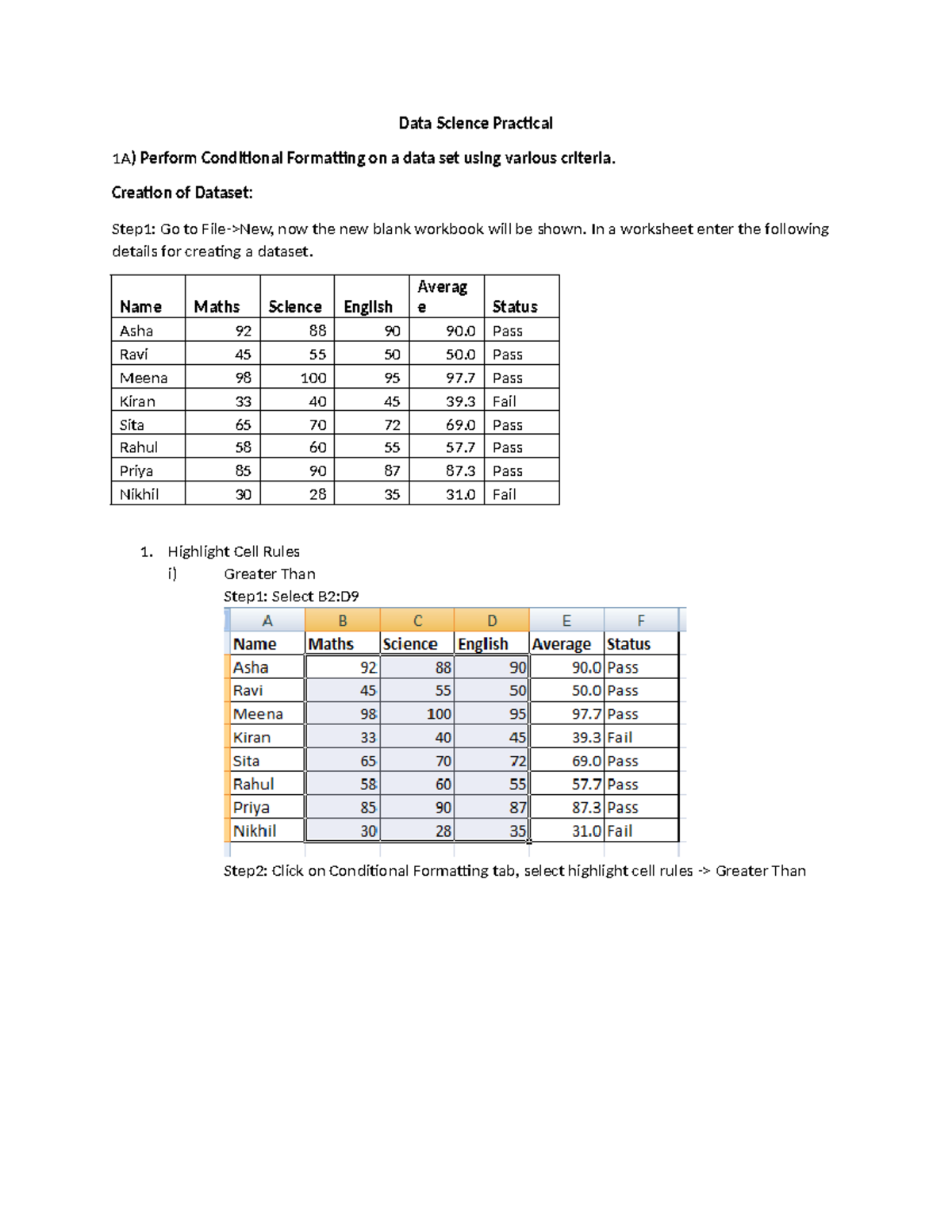 Data Science Practical 1A: Conditional Formatting Techniques - Studocu