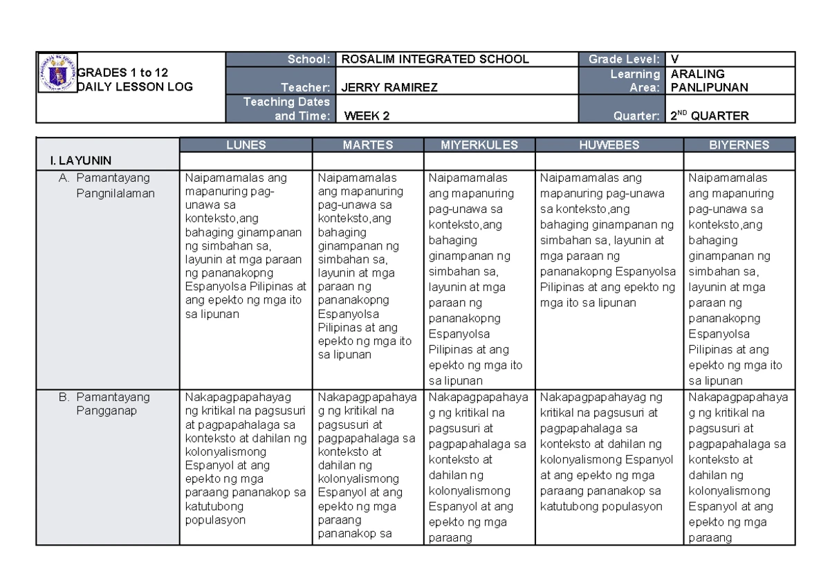 MG-DAILY LESSON PLAN GRADE 4, 5 & 6 - Week 2, Quarter 2 - Studocu