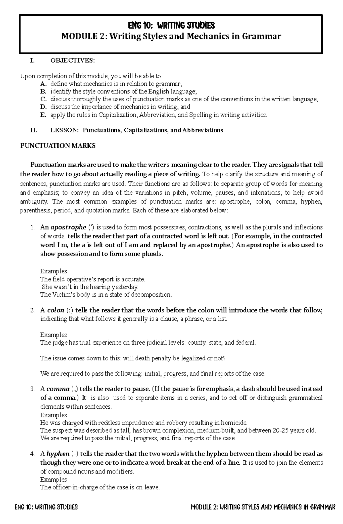 ENG 10: WRITING STUDIES MODULE 2 - Styles & Mechanics in Grammar - Studocu
