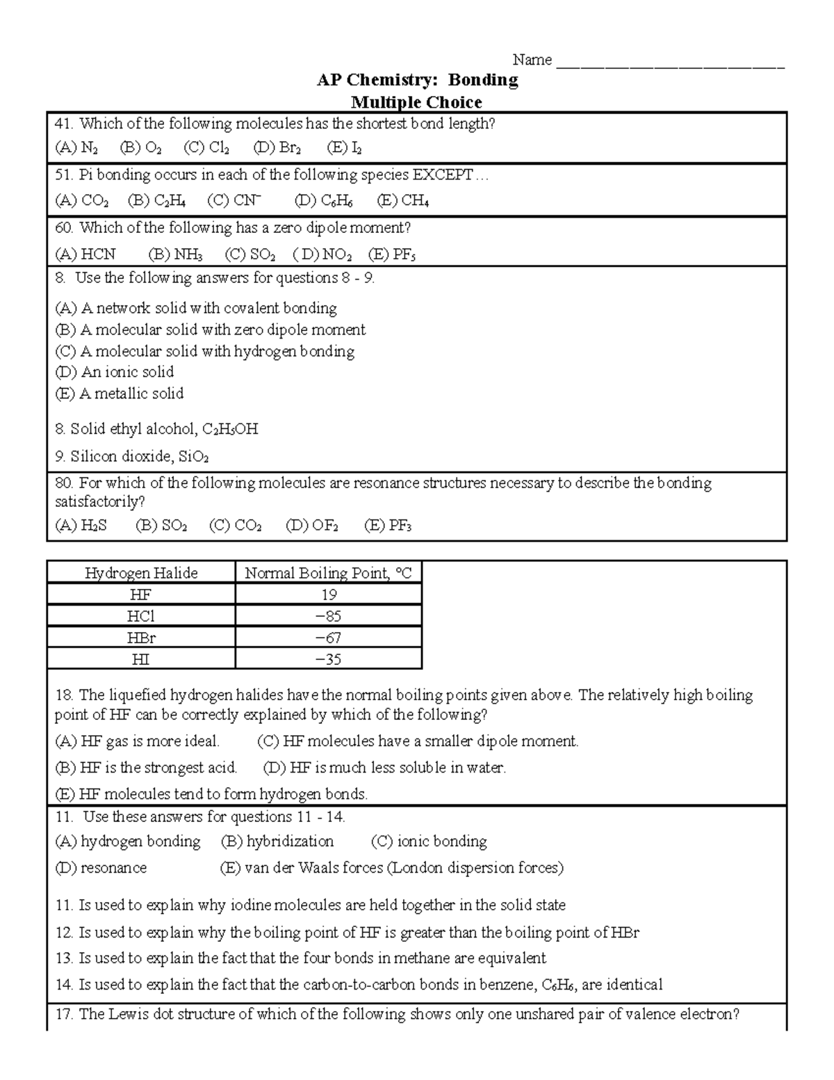 AP Chemistry: Bonding Multiple Choice Questions (MCQ) - Studocu