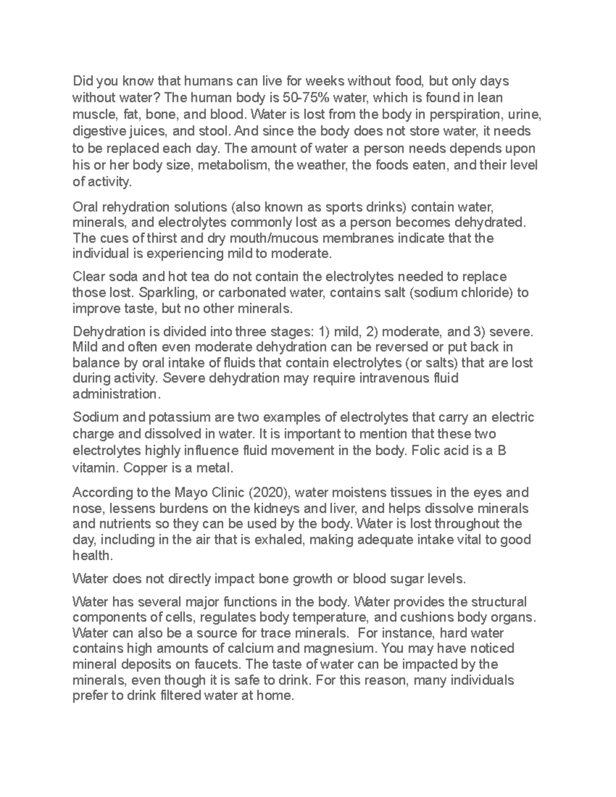 Water and Wellness - notes - Did you know that humans can live for ...