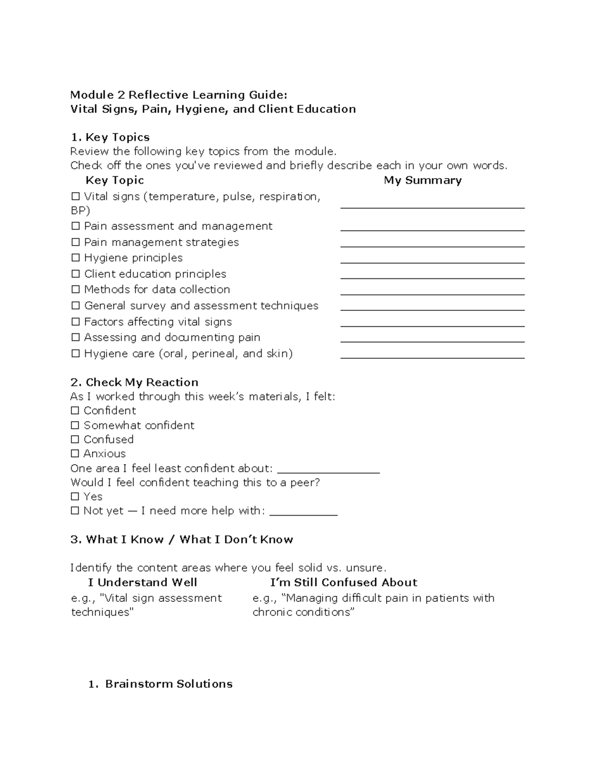 Module 2 Reflective Learning Guide: Vital Signs, Pain, Hygiene & Client ...