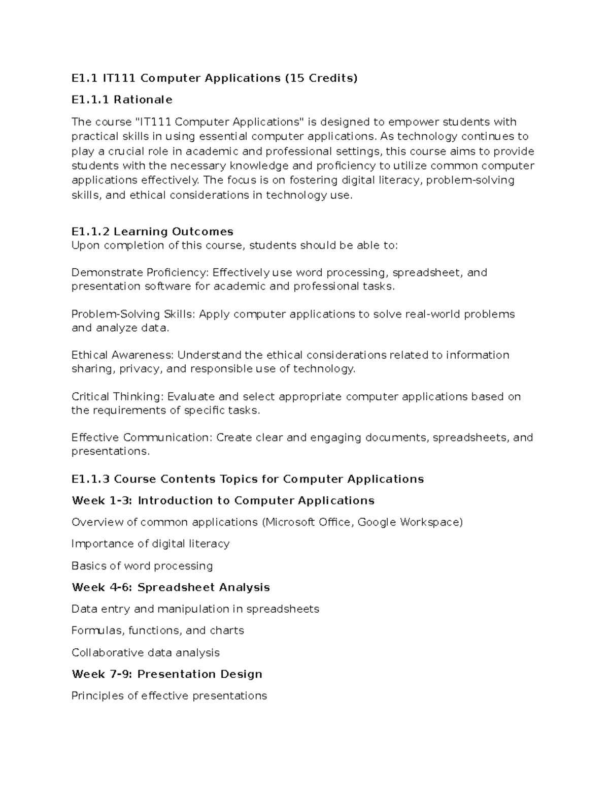 IT111 Computer Applications Course Descriptor & Learning Outcomes - Studocu