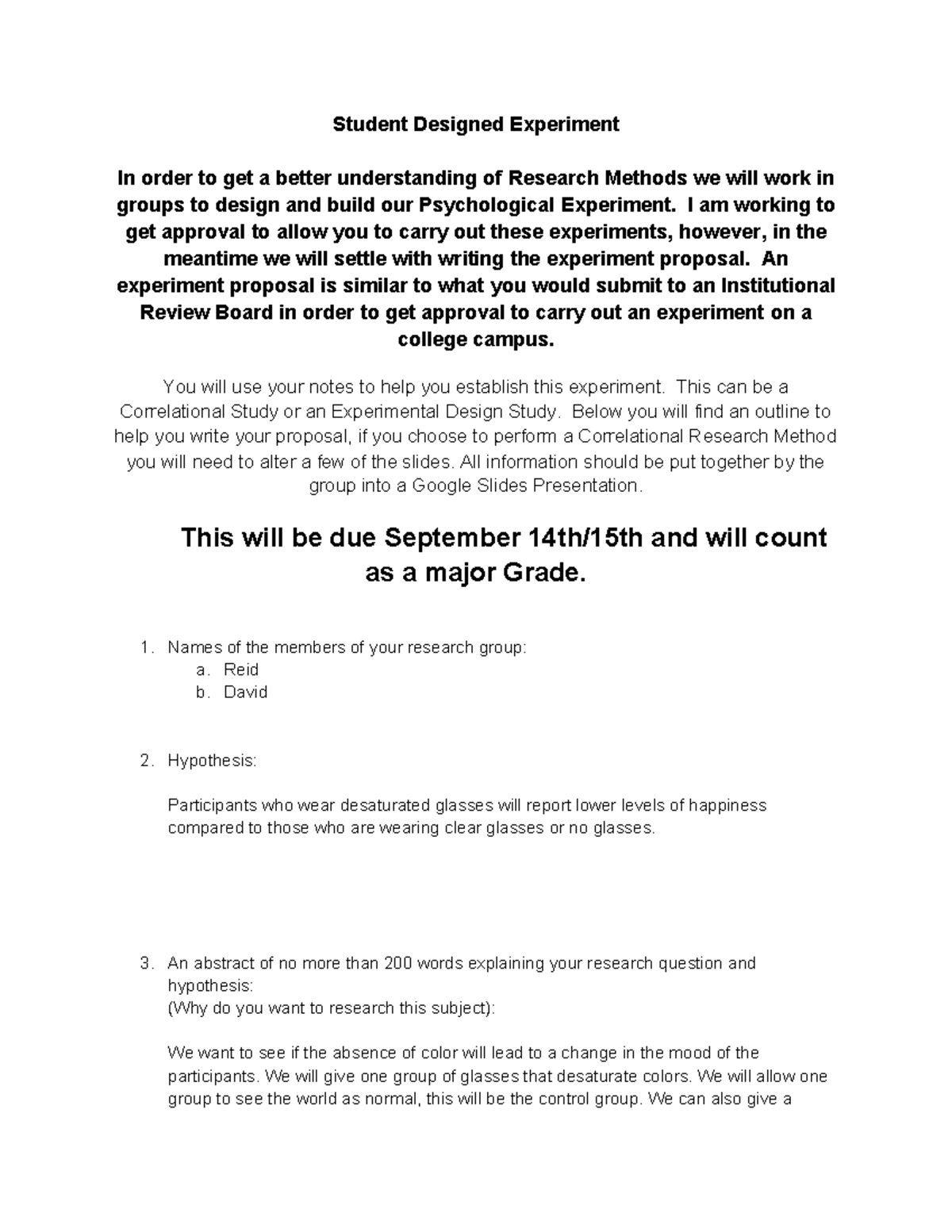 Copy of Student Designed Experiments - Student Designed Experiment In ...