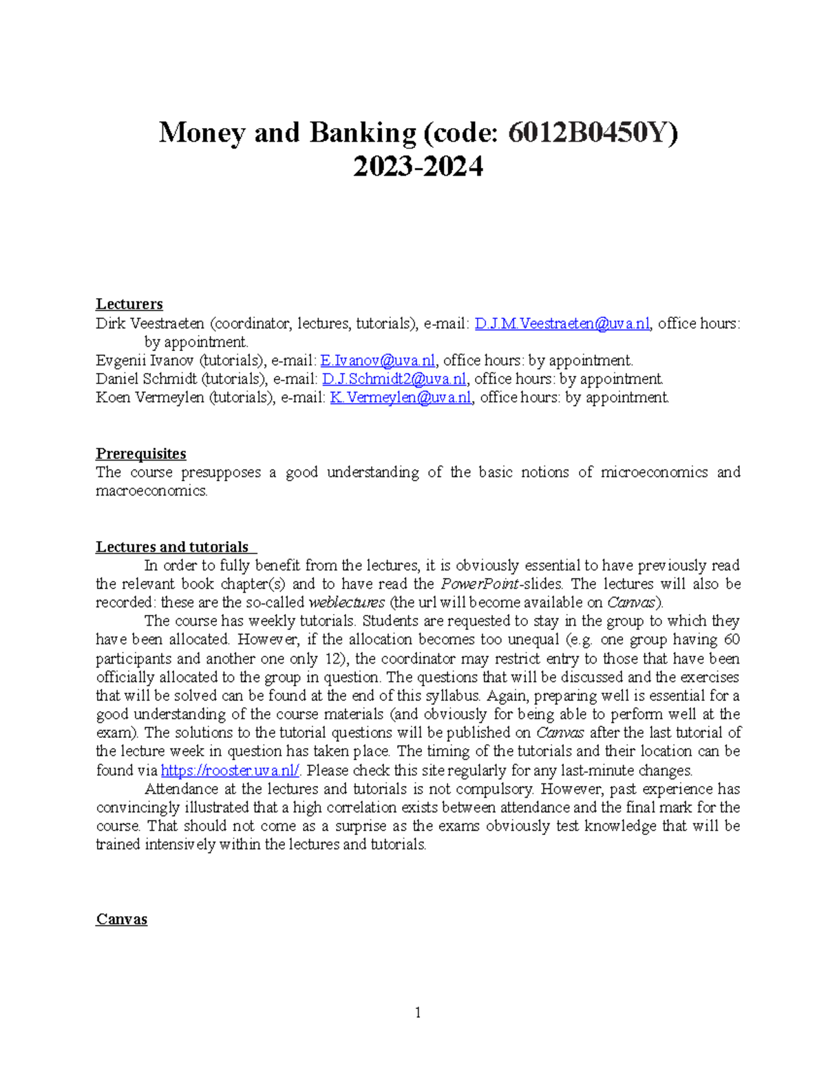Money and Banking Syllabus (6012B0450Y) for Academic Year 2023-2024 ...